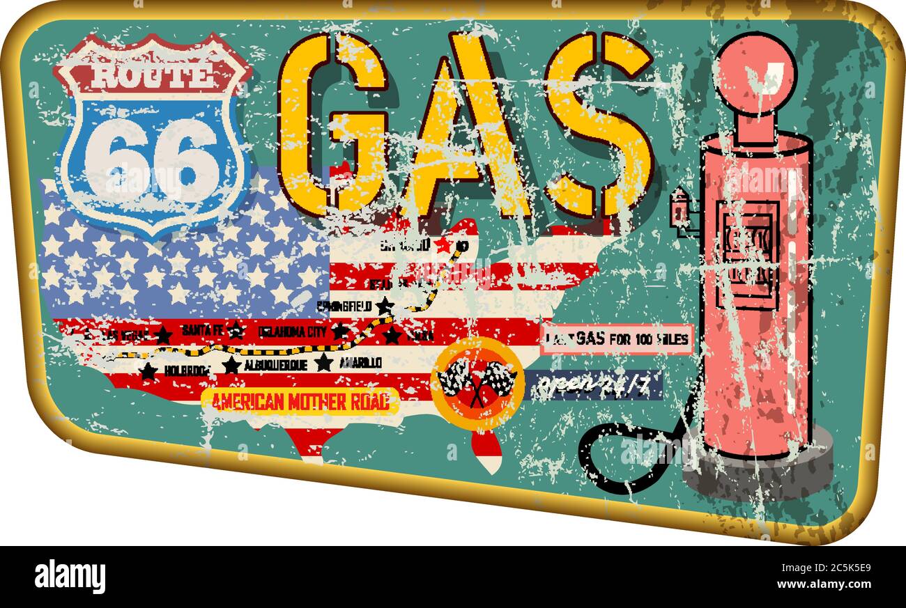 vintage route 66 gas sation sign, retro style vector illustration ...