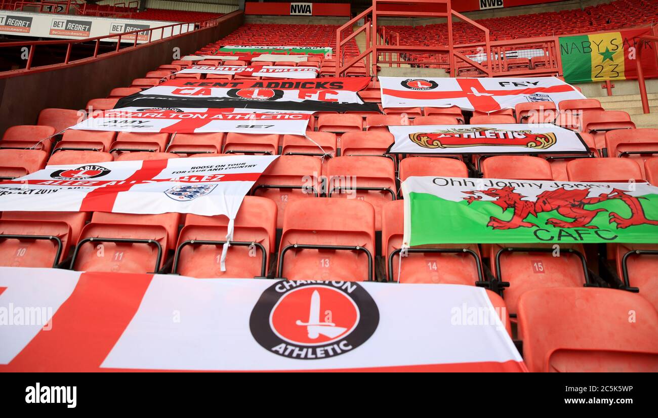 Flags and banners in the stands at The Valley, London Stock Photo - Alamy