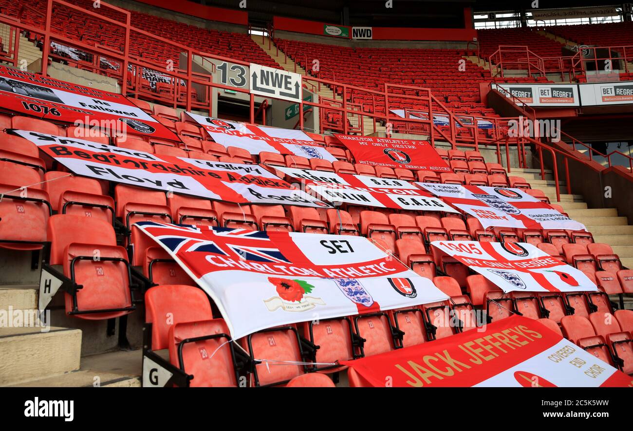 Flags and banners in the stands at The Valley, London Stock Photo - Alamy