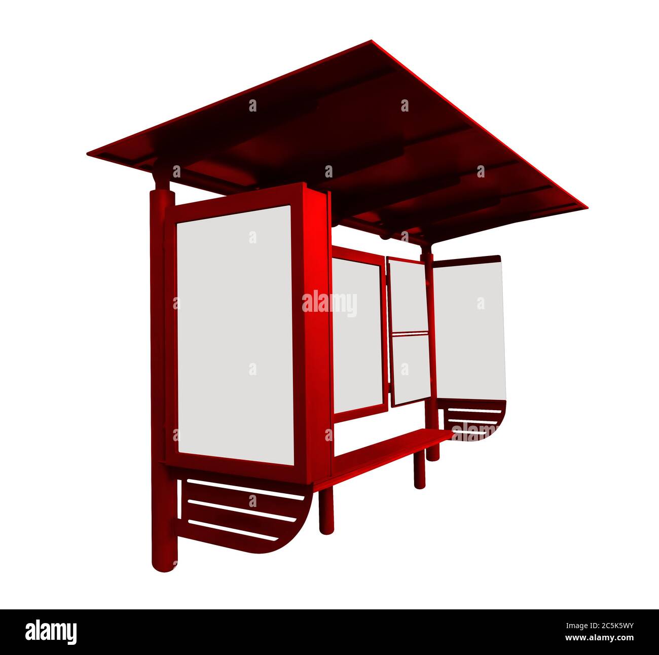 Red bus stop with blank banner isolated on white background. Clipping ...