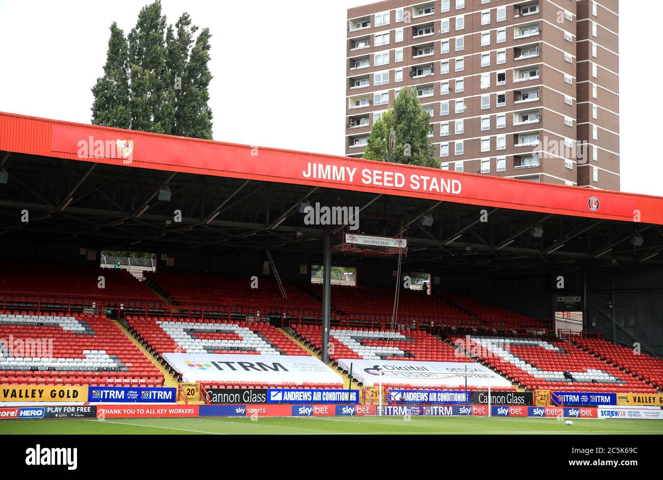 Advertising banners, boards and flags at The Valley, London Stock Photo ...