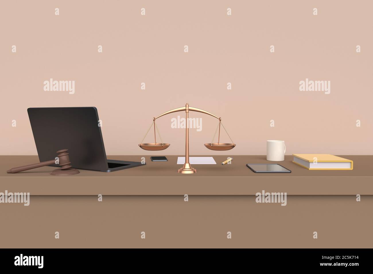 Workplace lawyer. Table front view. Laptop, tablet and mobile phone. 3d ...