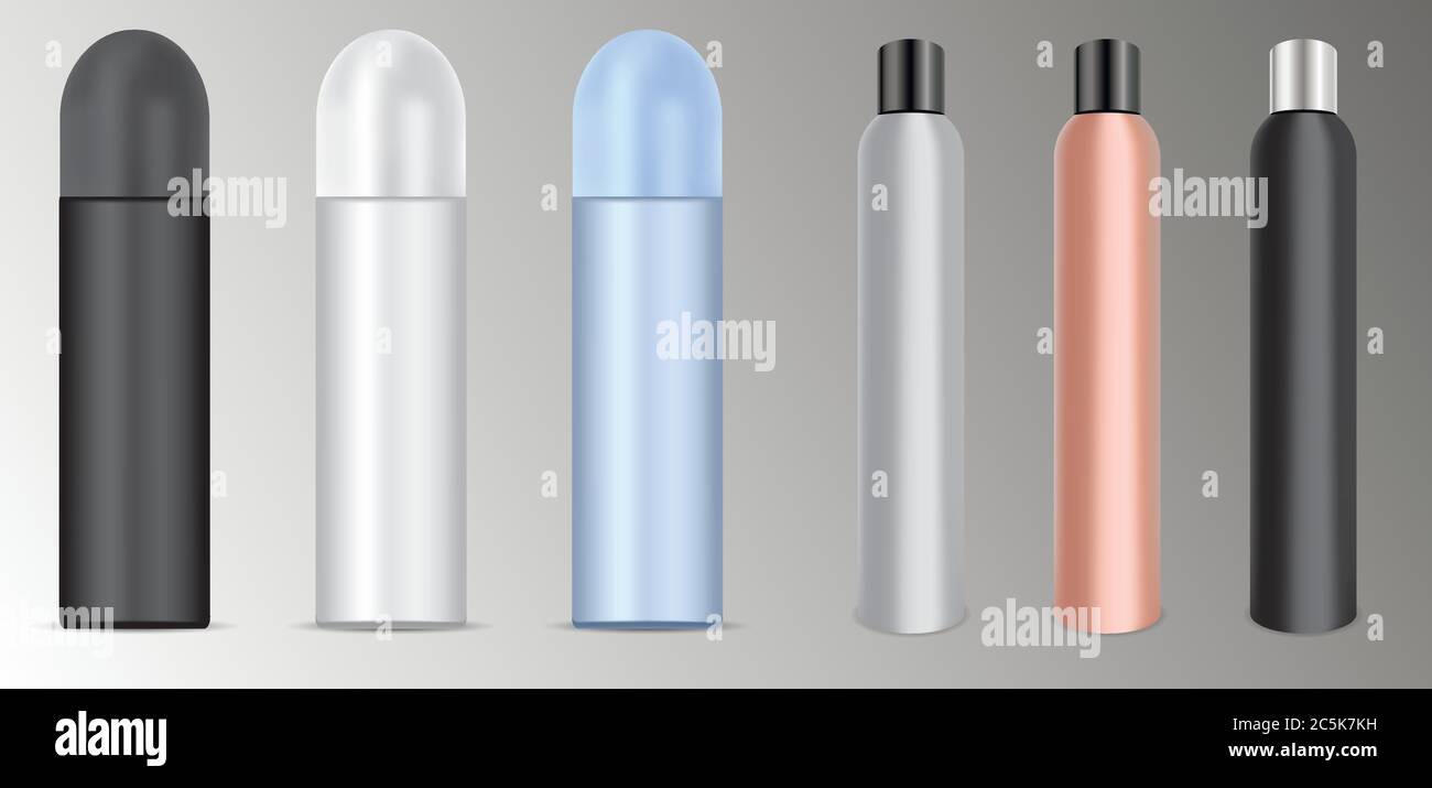 Deodorant or lacquer spray bottles set. Different colours vector ...