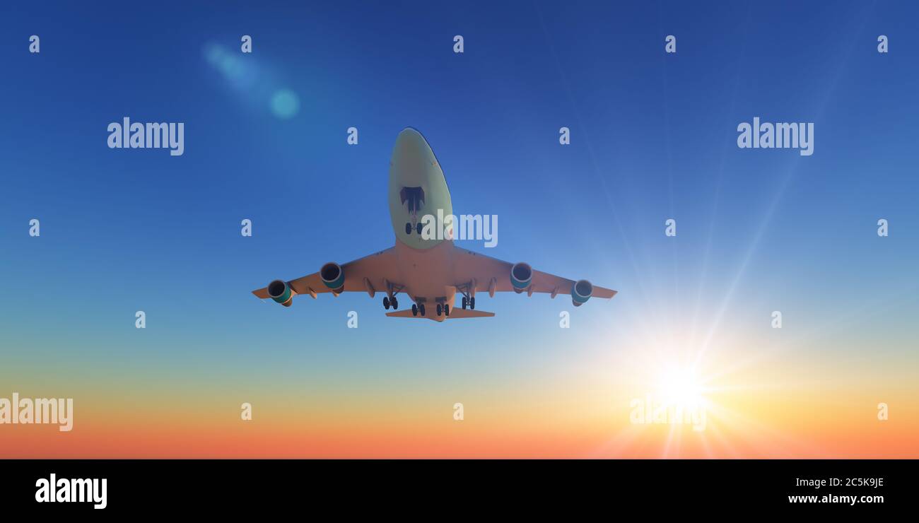 airplane in sunset sky light, 3d rendering Stock Photo - Alamy