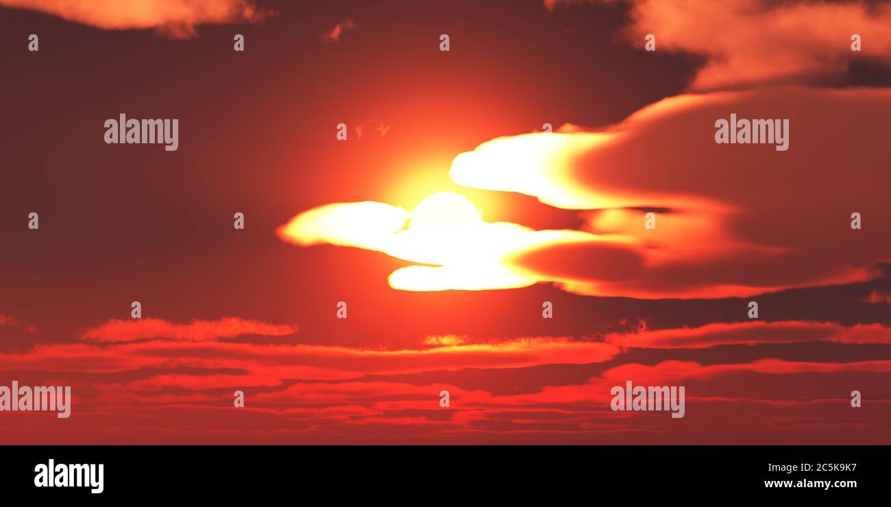 Big sun sky at beautiful sunset, 3d illustration Stock Photo - Alamy