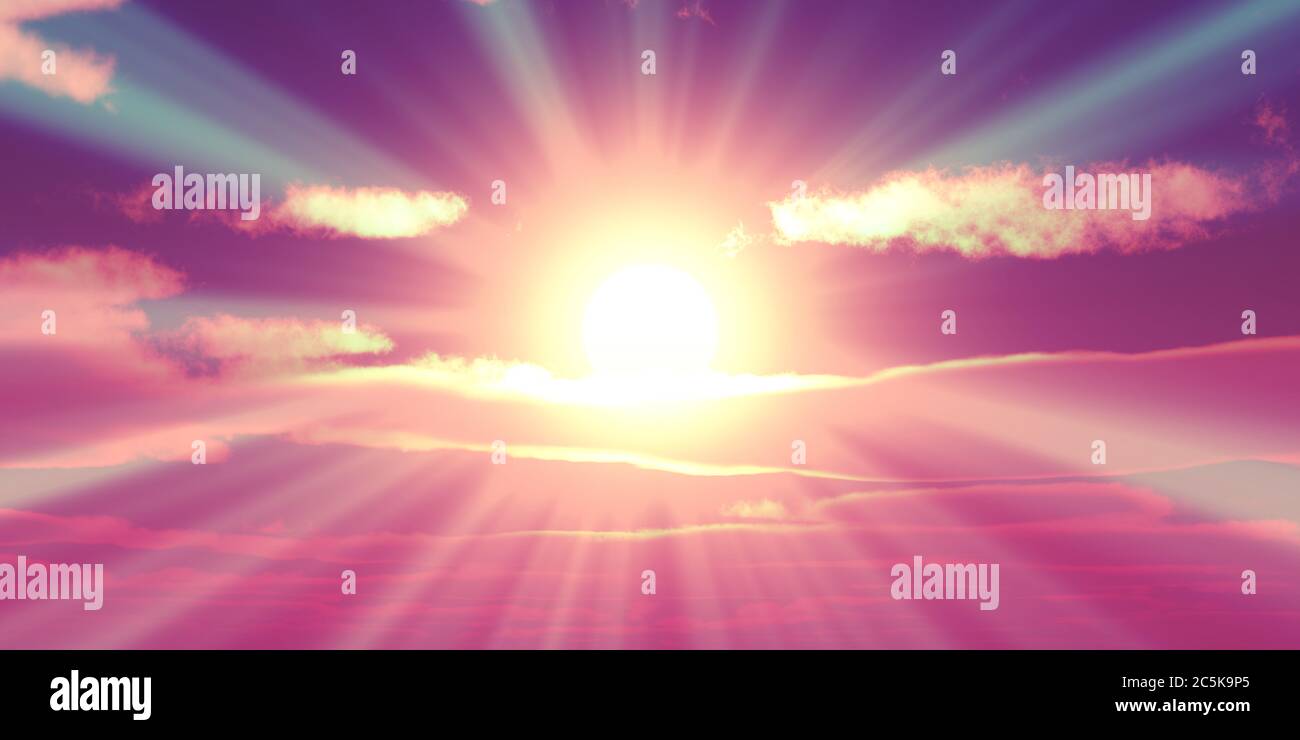 Big sun sky at beautiful sunset, 3d illustration Stock Photo - Alamy