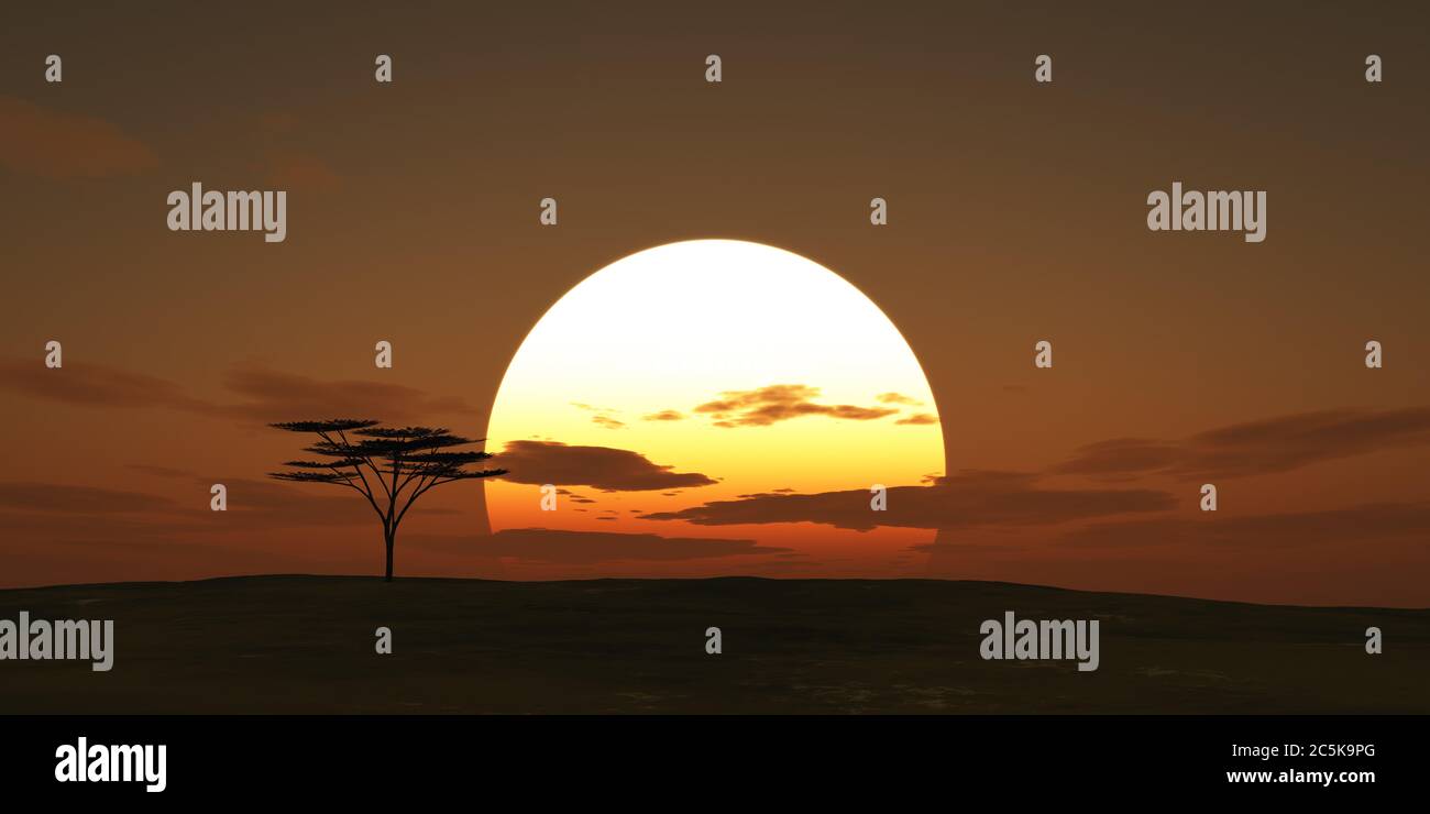 big sun sunset tree landscape, 3d illustrations Stock Photo - Alamy