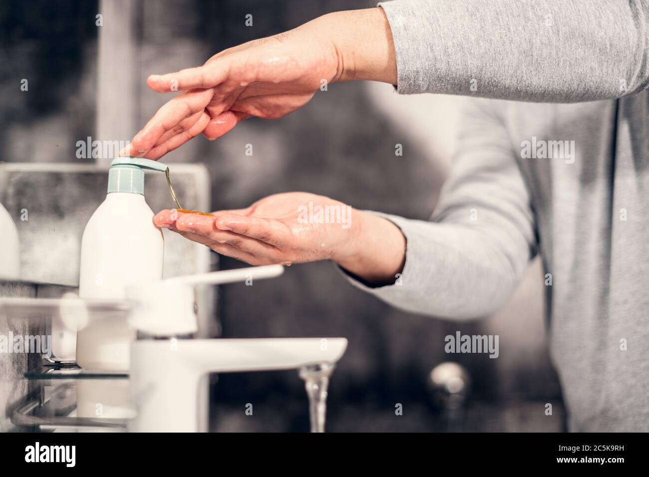 Coronavirus. Proper washing and handling of hands. Liquid antibacterial ...