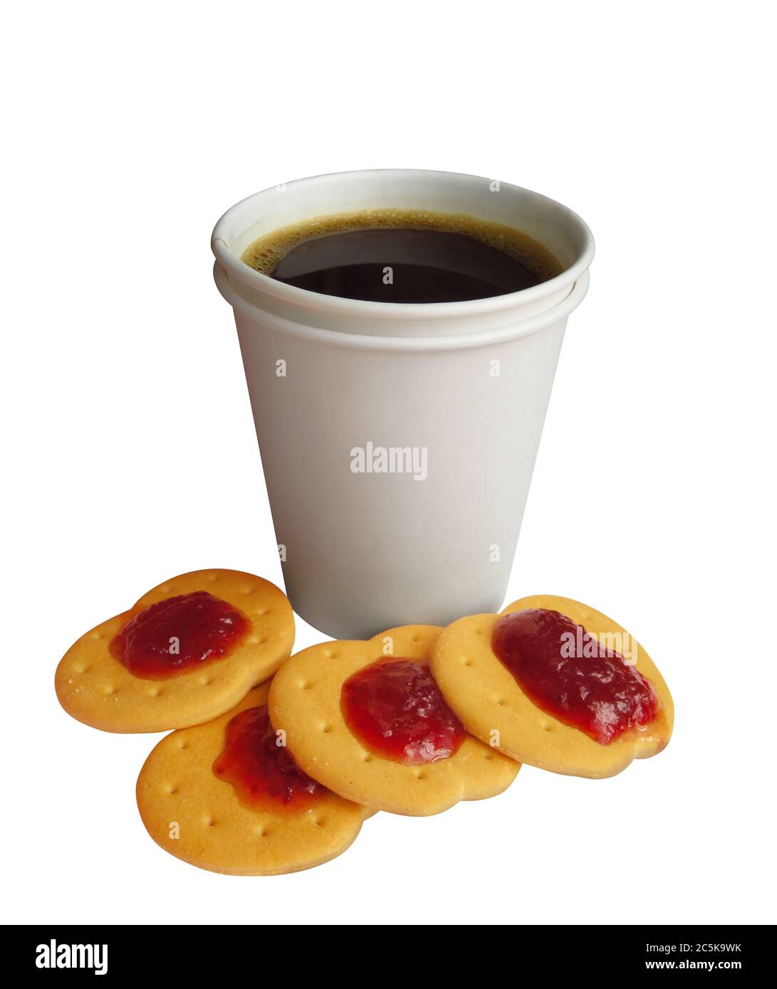 Takeaway paper coffee cup and cookies with jam. Compsition isolated on ...