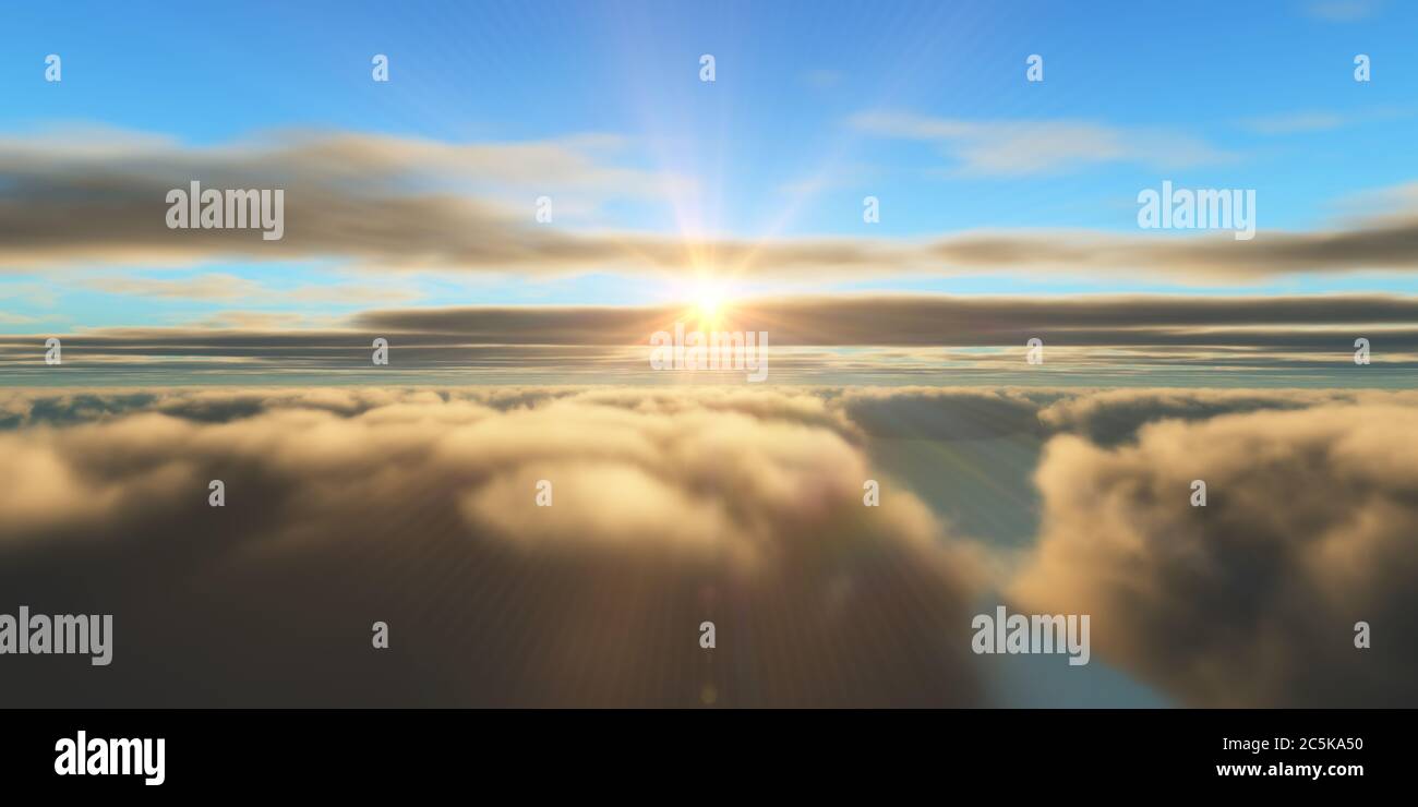 Beautiful aerial view above clouds with sunset. 3d illustration Stock ...