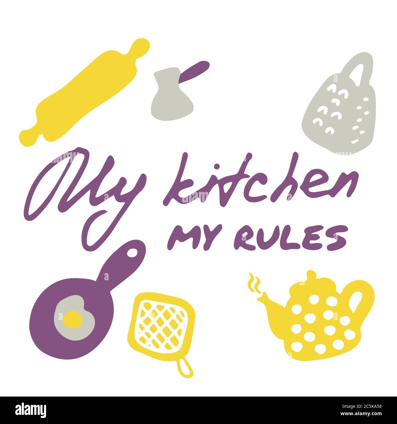 Hand-drawn set of kitchen icons and hand written inscription My kitchen ...