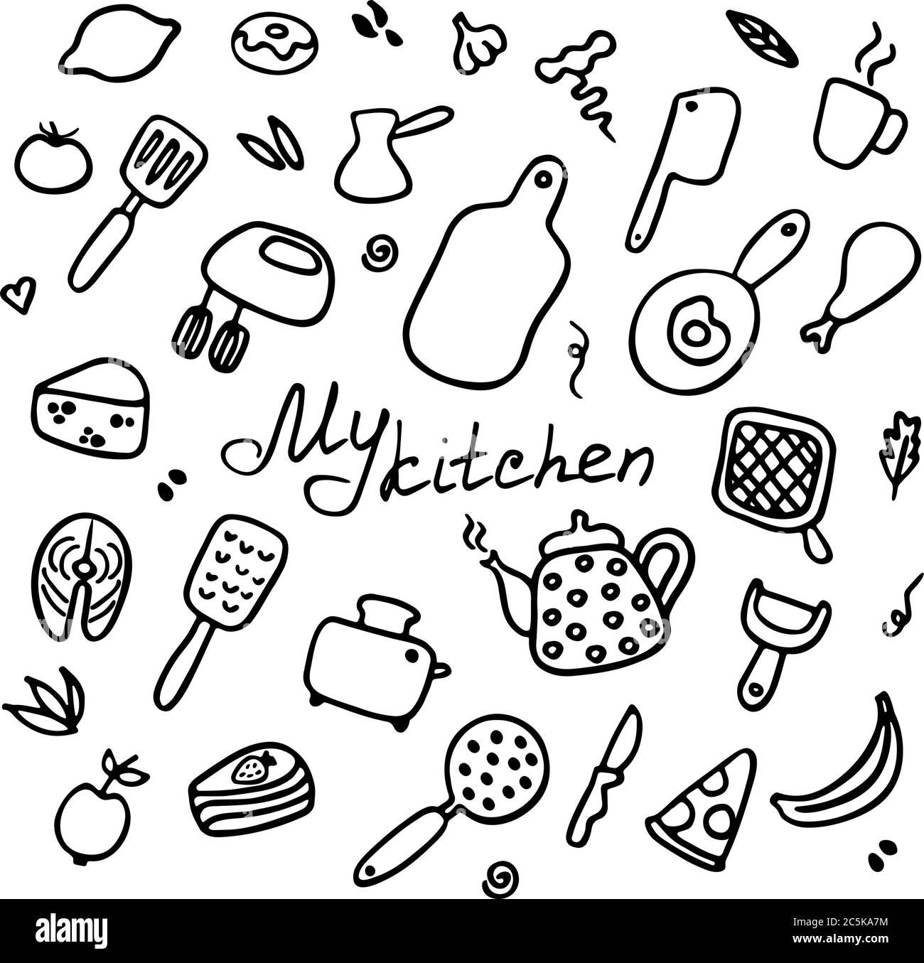 Hand-drawn set of kitchen items. Doodle icons of kitchen appliances ...