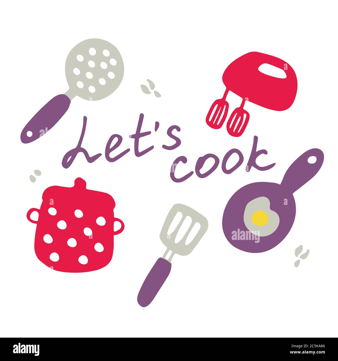 Hand-drawn pan mixer spatula colander and hand written inscription Lets ...
