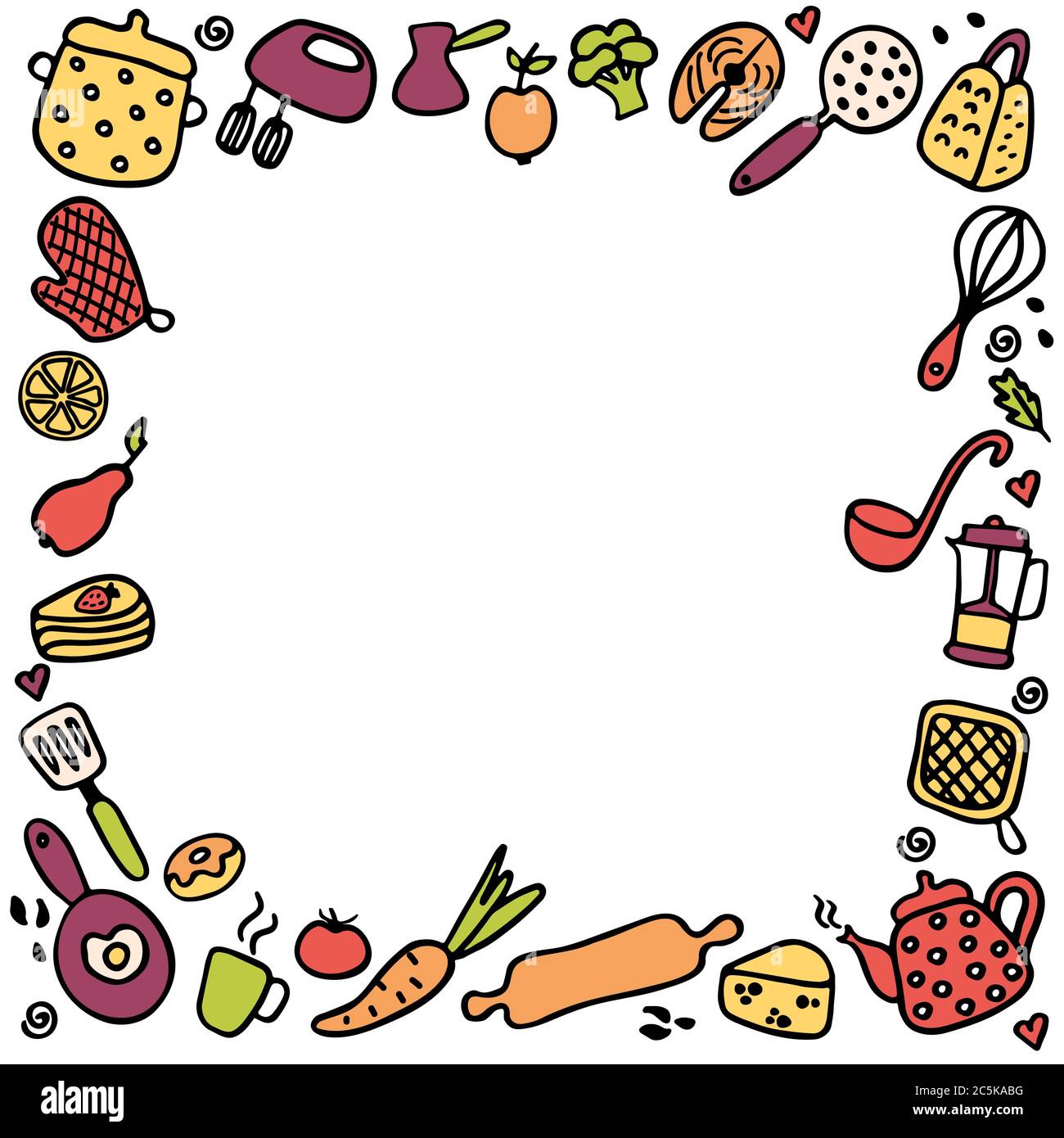 Hand-drawn frame of kitchen items. Doodle icons of kitchen appliances ...