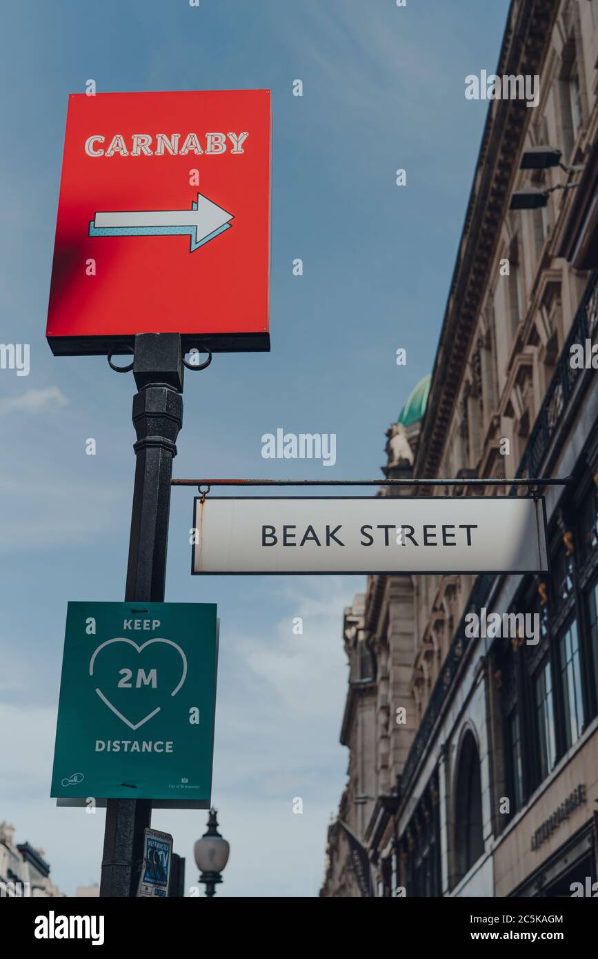 London, UK - June 13, 2020: Directional sign to Beak Street and Carnaby ...