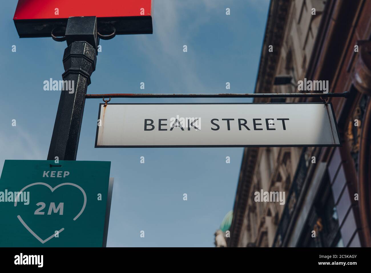 London, UK - June 13, 2020: Directional sign to Beak Street, a street ...