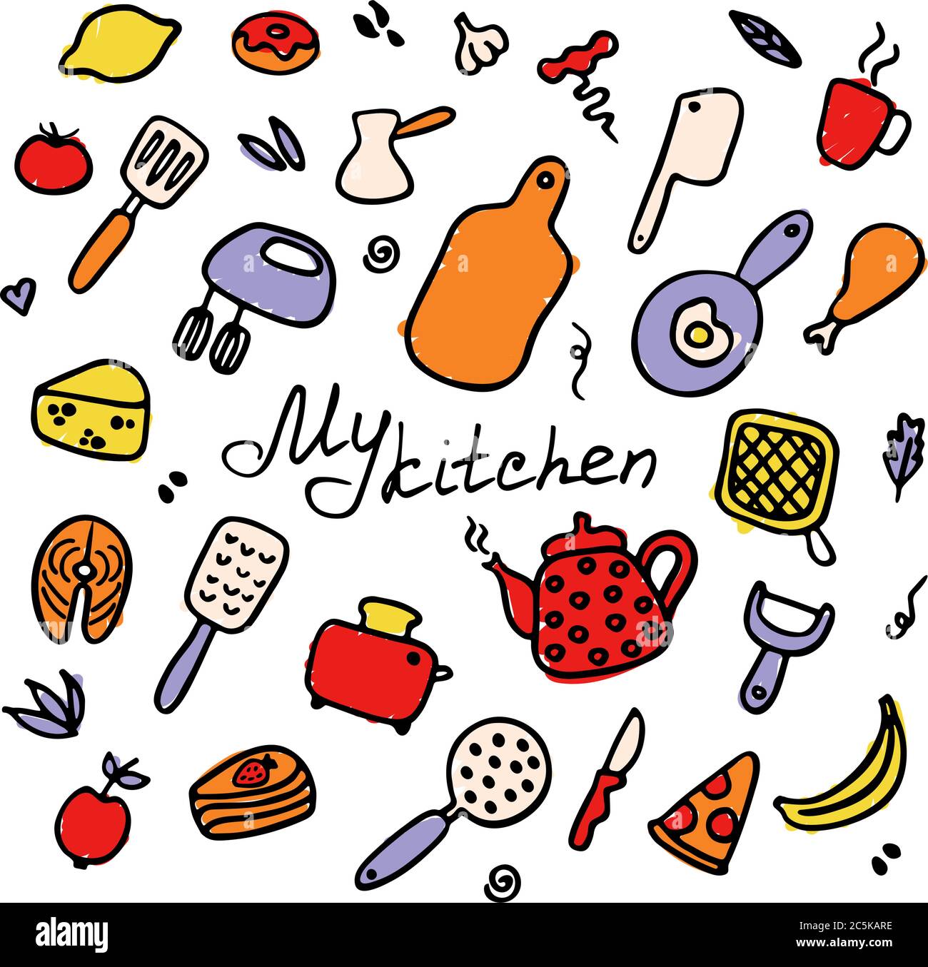 Hand-drawn set of kitchen items. Doodle icons of kitchen appliances ...
