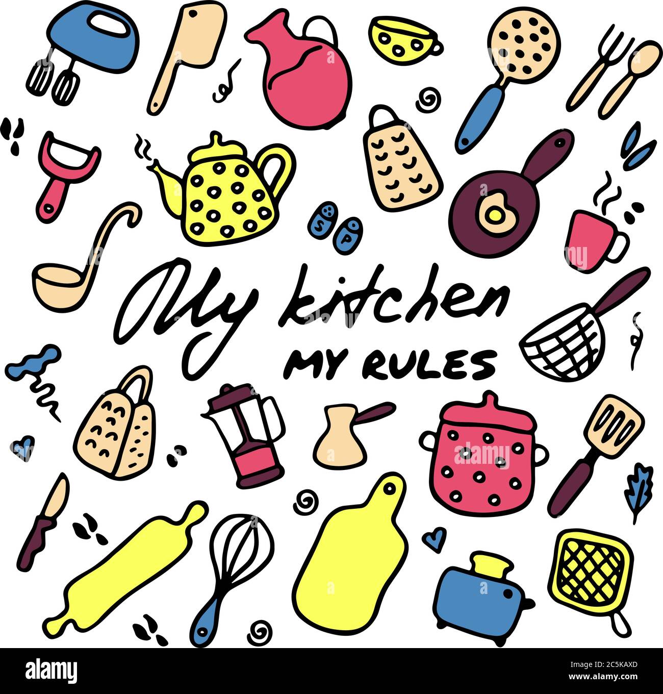 Big set of kitchen items. Doodle icons of kitchen appliances, devices ...