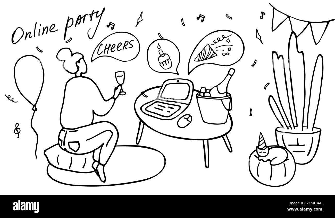 Online party, birthday, virtual meeting friends. Girl sitting in front ...