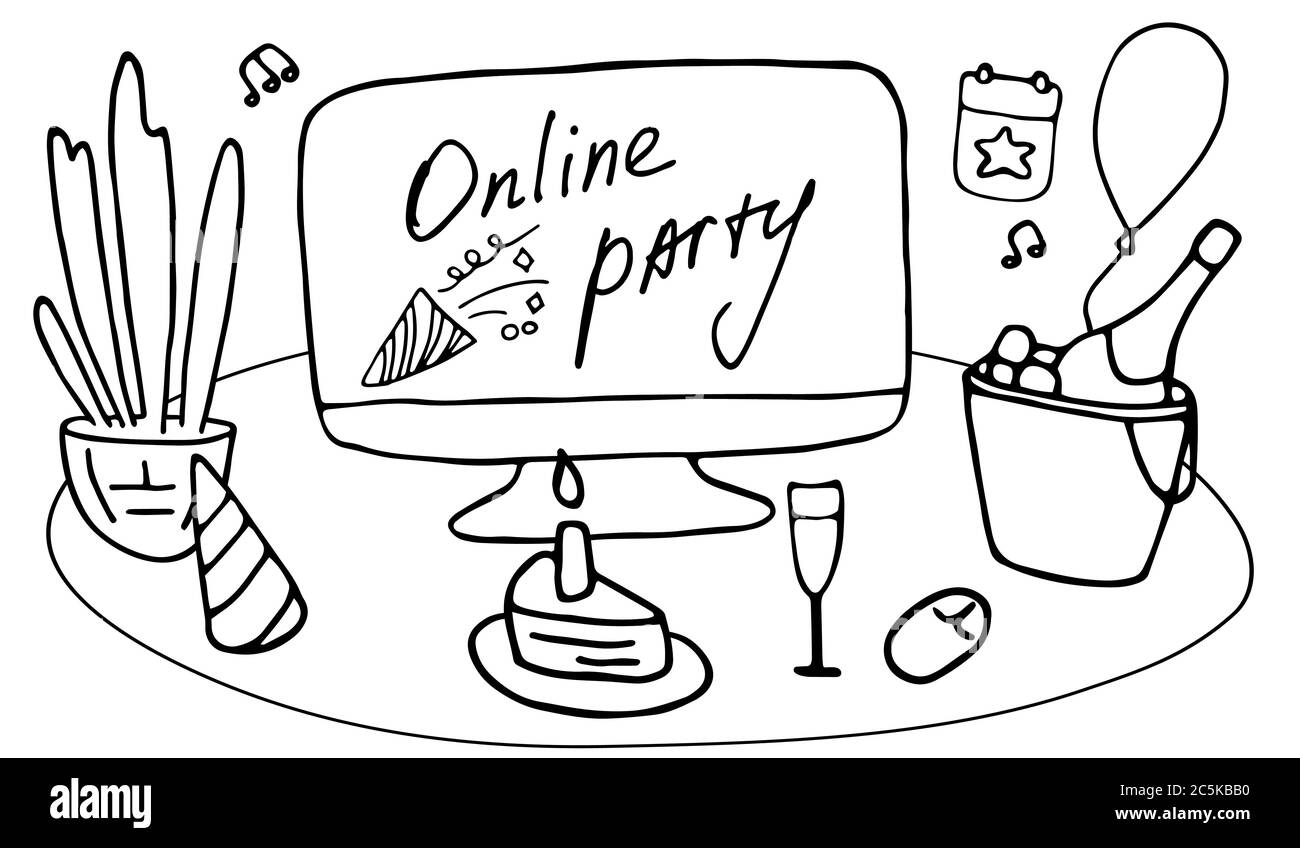 Party at home. Celebration in front of a computer. Birthday with ...