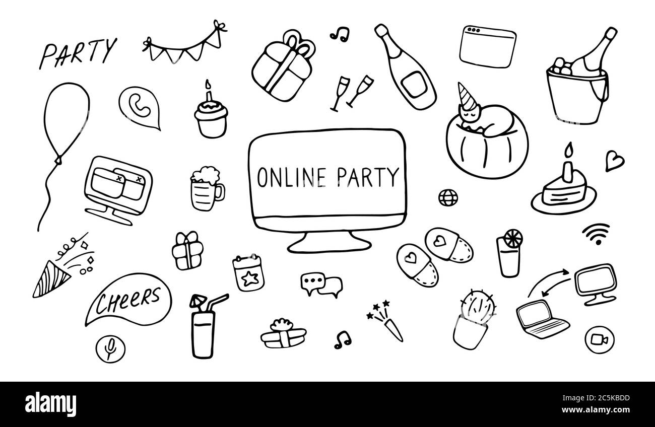 Online party icon set. Doodle celebration signs. Hand drawn vector ...