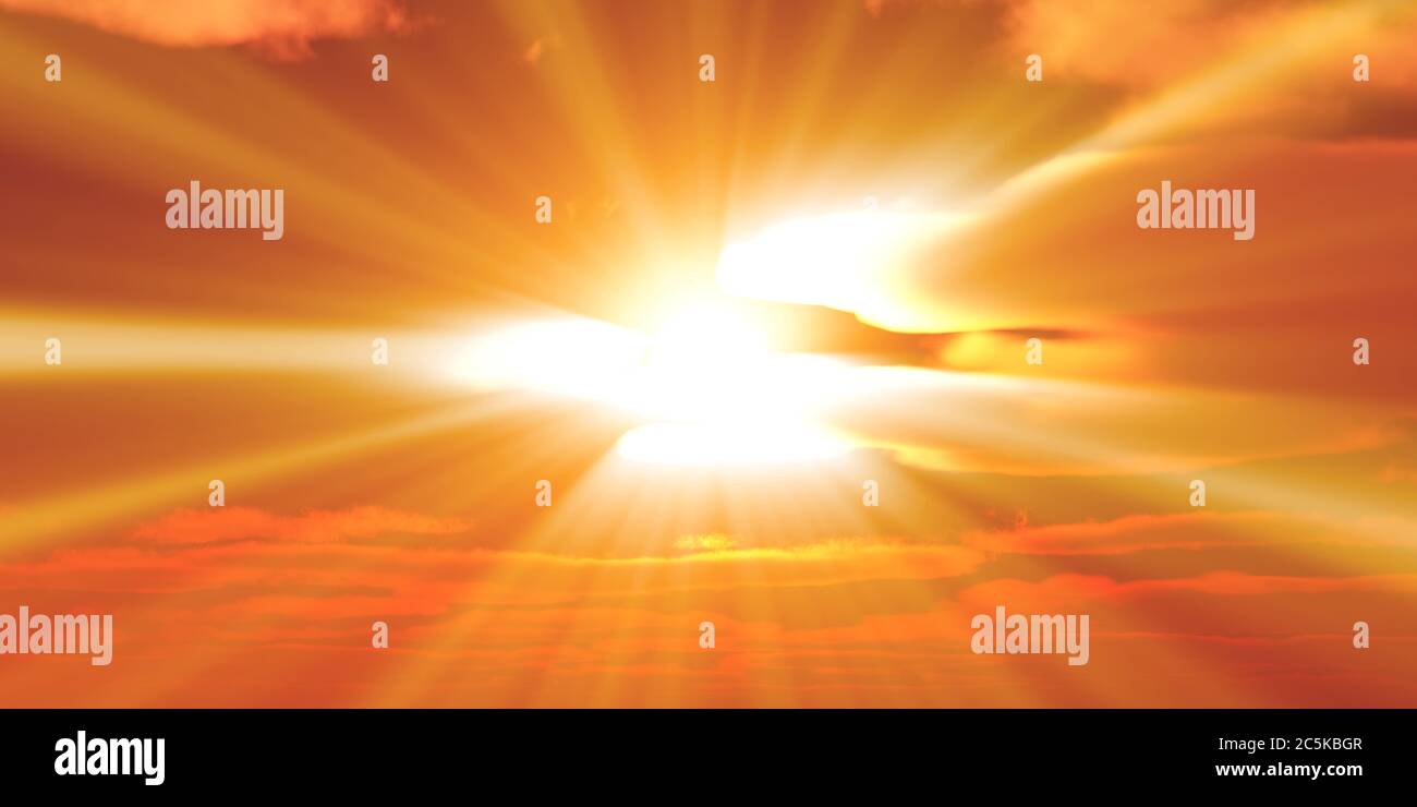 Big sun sky at beautiful sunset, 3d illustration Stock Photo - Alamy