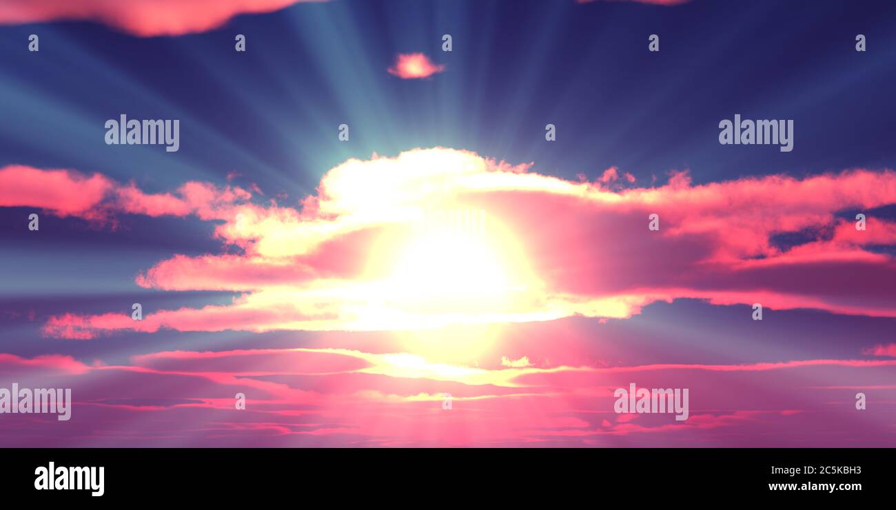 Big sun sky at beautiful sunset, 3d illustration Stock Photo - Alamy