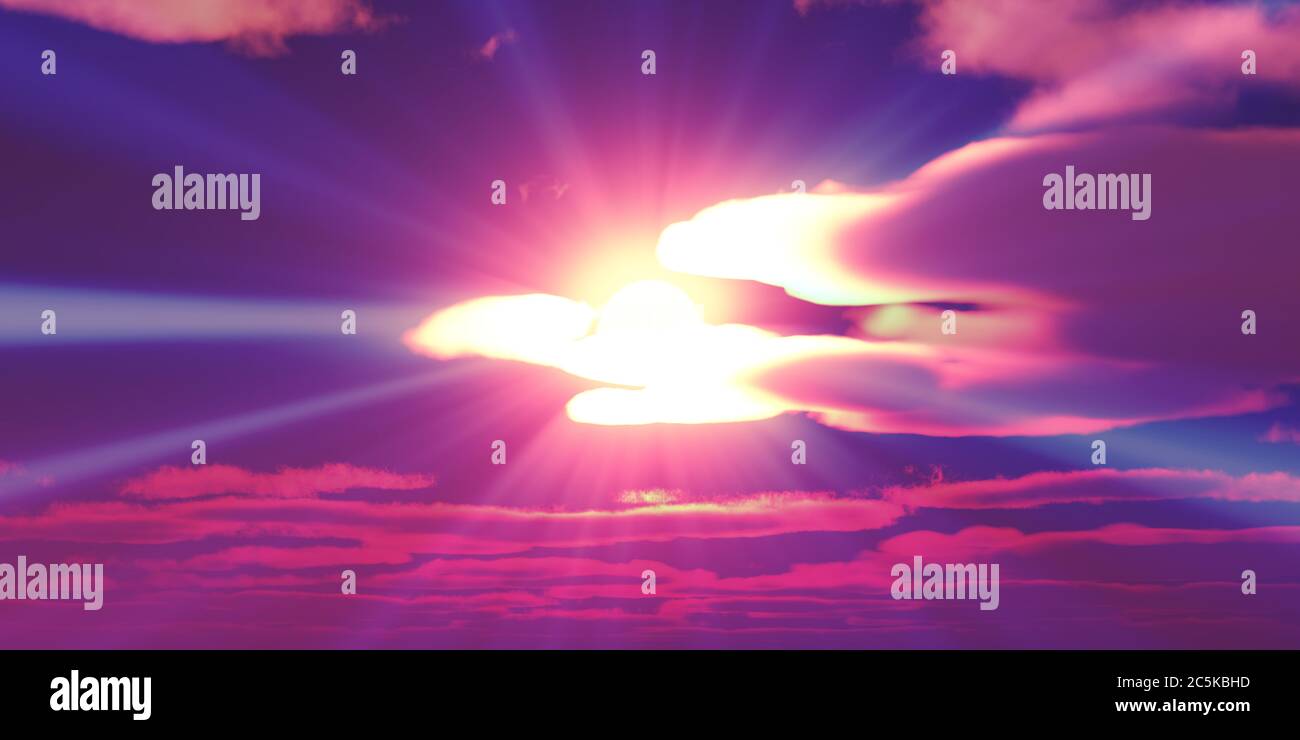 Big sun sky at beautiful sunset, 3d illustration Stock Photo - Alamy