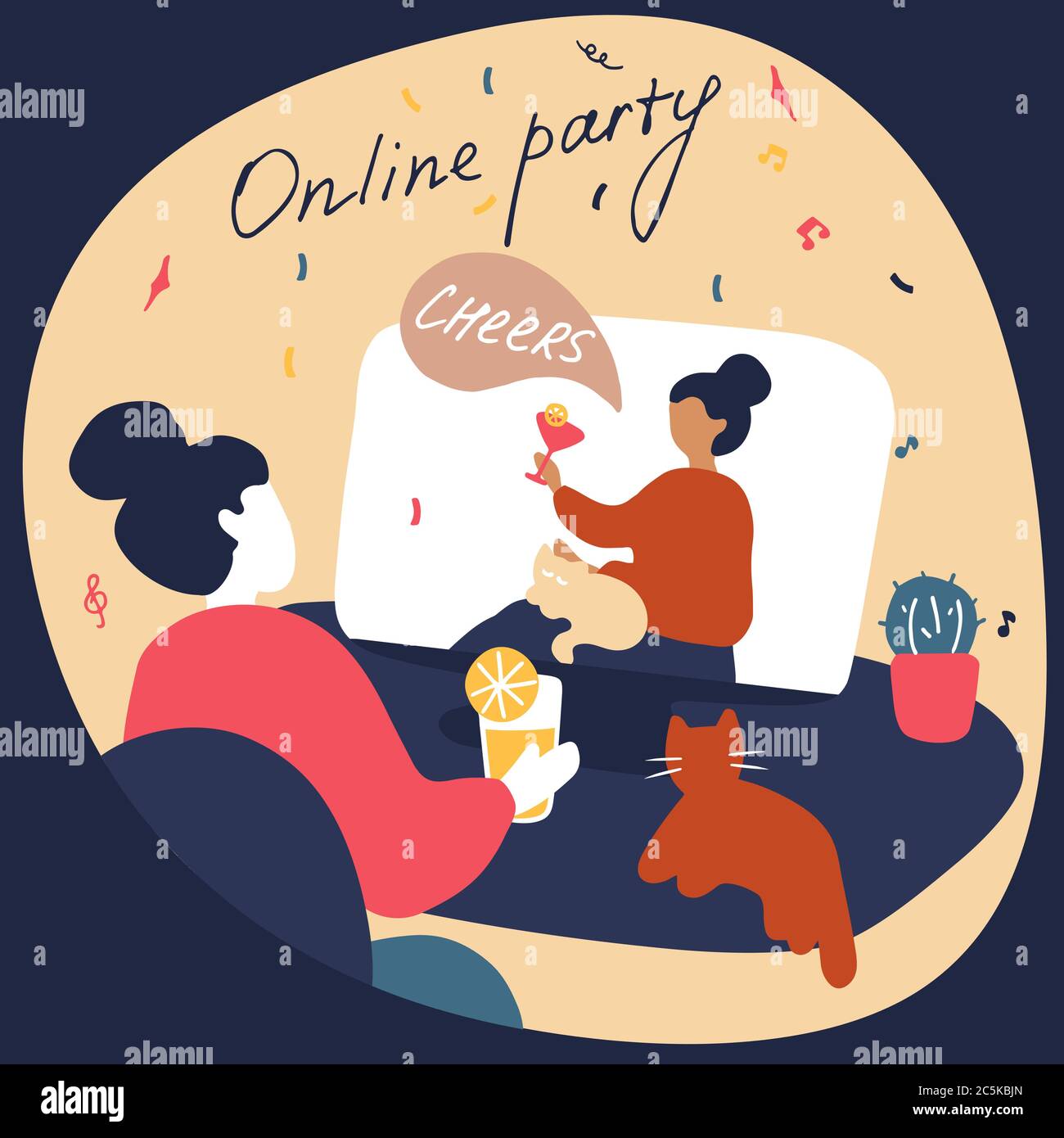 Girl drinks wine at online party. Network celebration, friends virtual ...