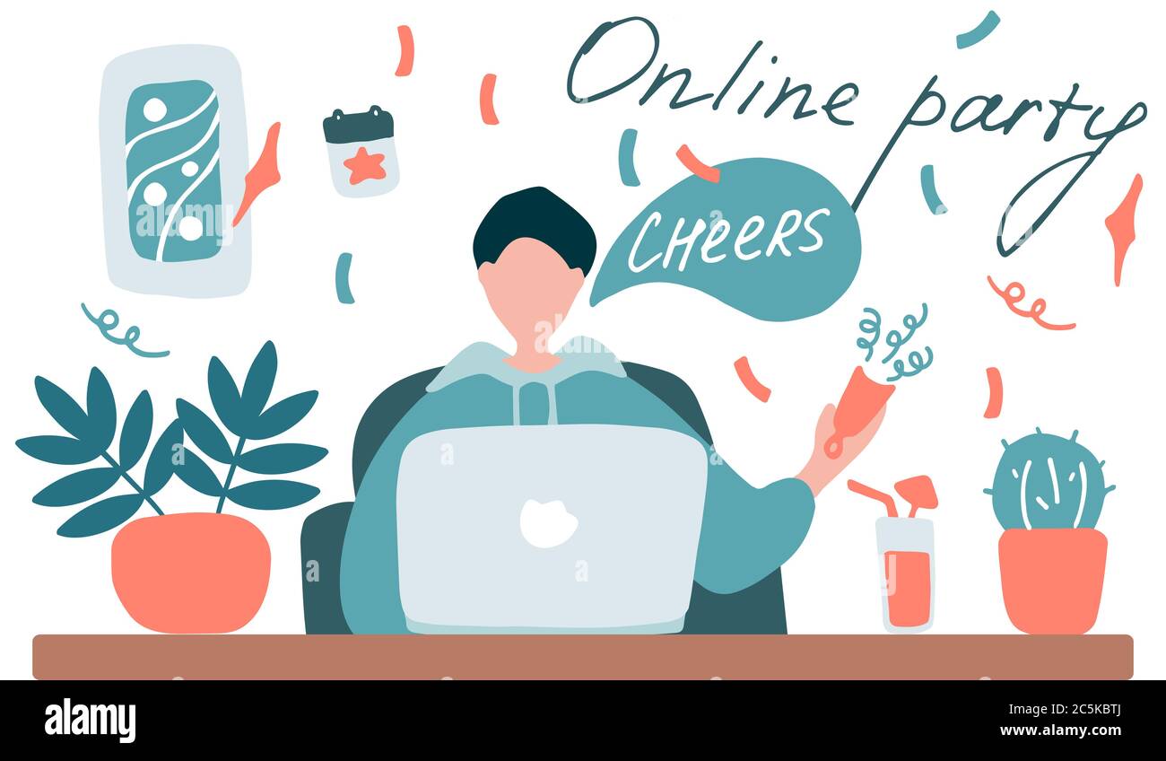 Online party, birthday, virtual meeting friends. young man sitting in ...