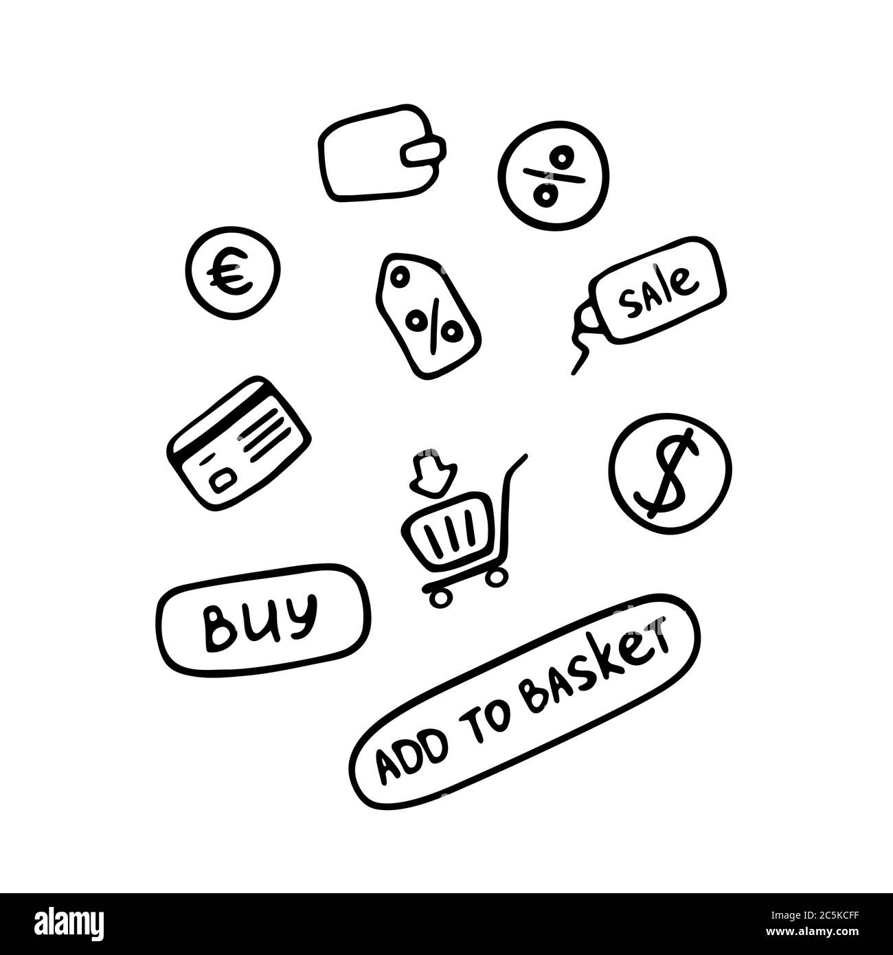 Online shopping business icons. Simple doodle e-store icon set. E ...