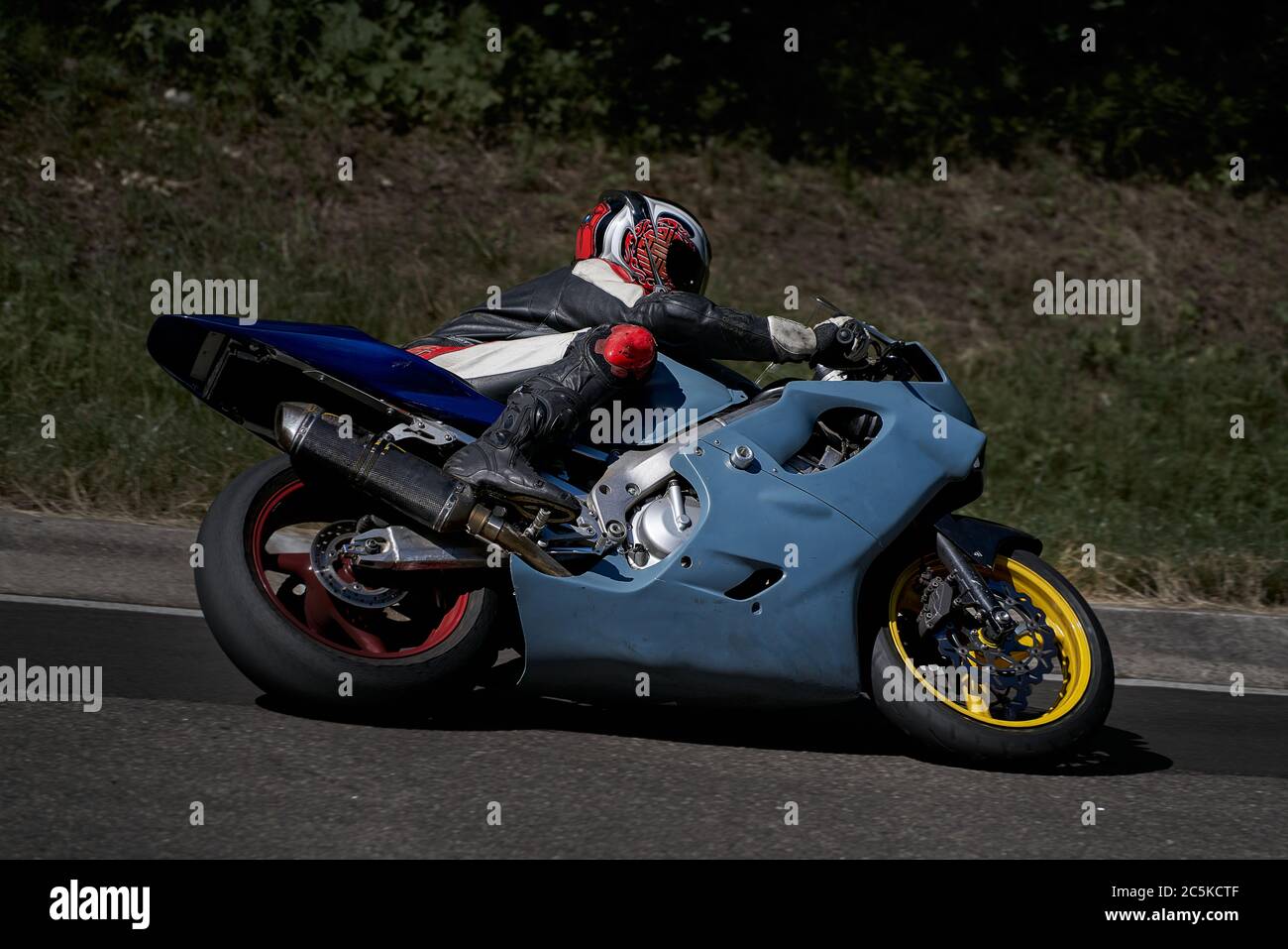 Man riding motorcycle in asphalt road curve with rural,motorcycle ...