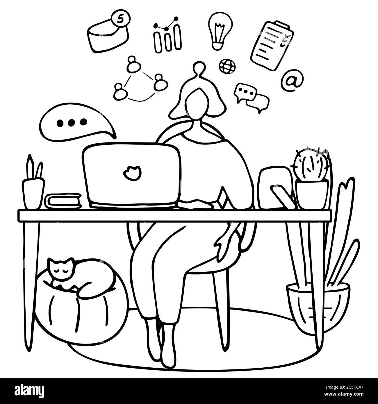 Student female character study at computer. E-learning, online ...