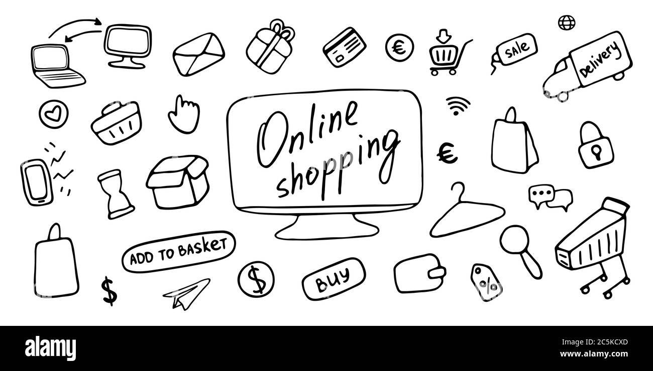 Online shopping icon set. E-commerce doodle signs. Vector illustration ...
