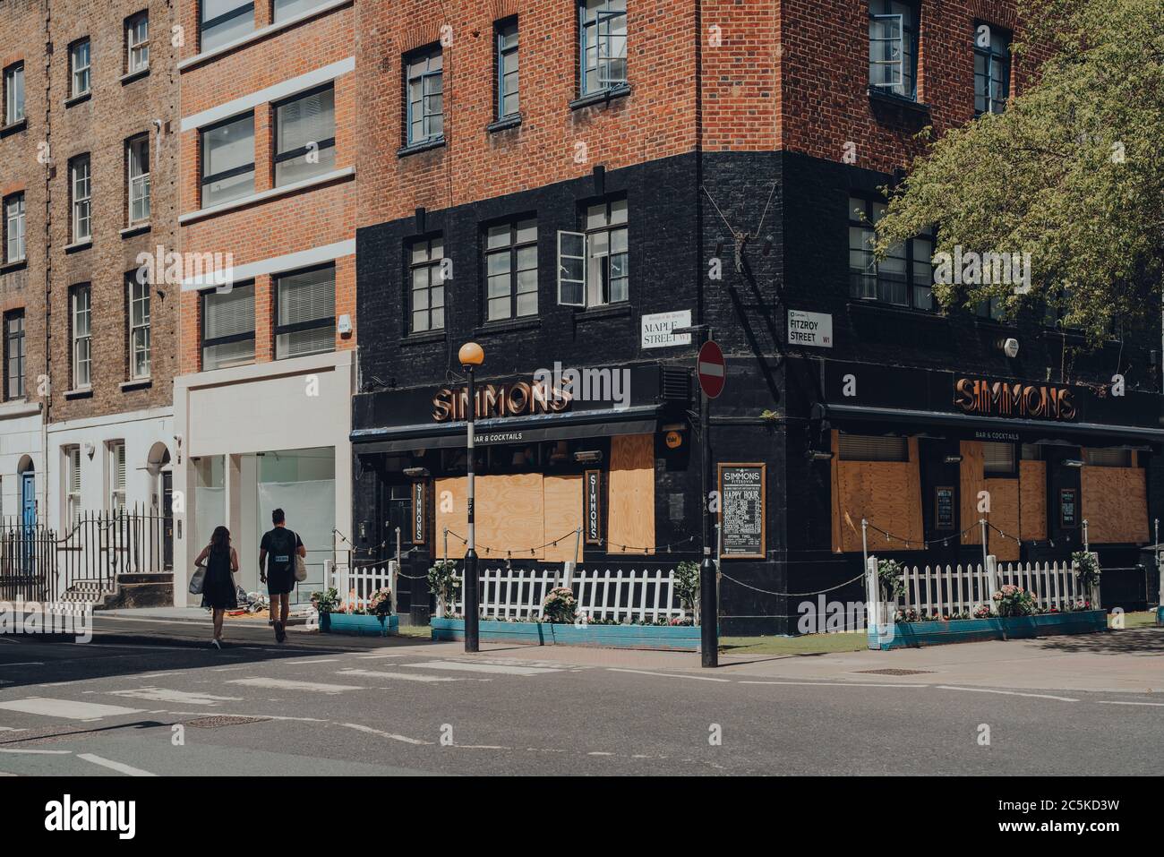 London, UK - June 13, 2020: Boarded up facade of Simmons bar in ...