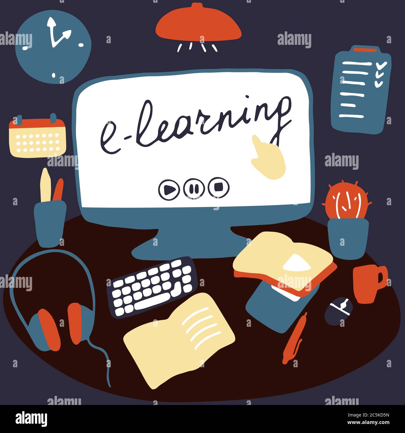 Workplace for online learning and remote work. Desktop with stationery ...