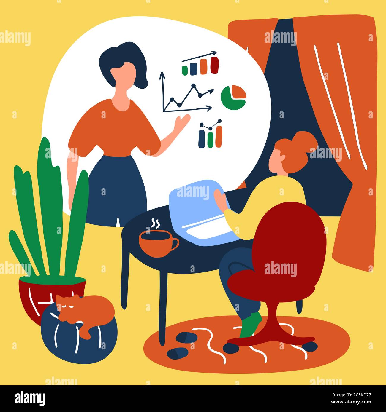 Student is studying online. Woman is working remotely from home. Pupil ...