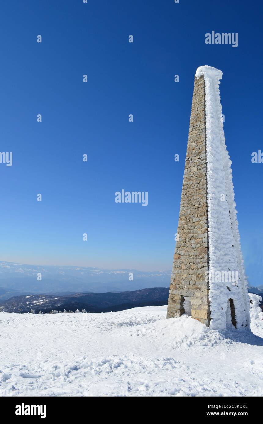 Frozen stone pyramid on the highest peak of Kopaonik, Pancic's peak ...