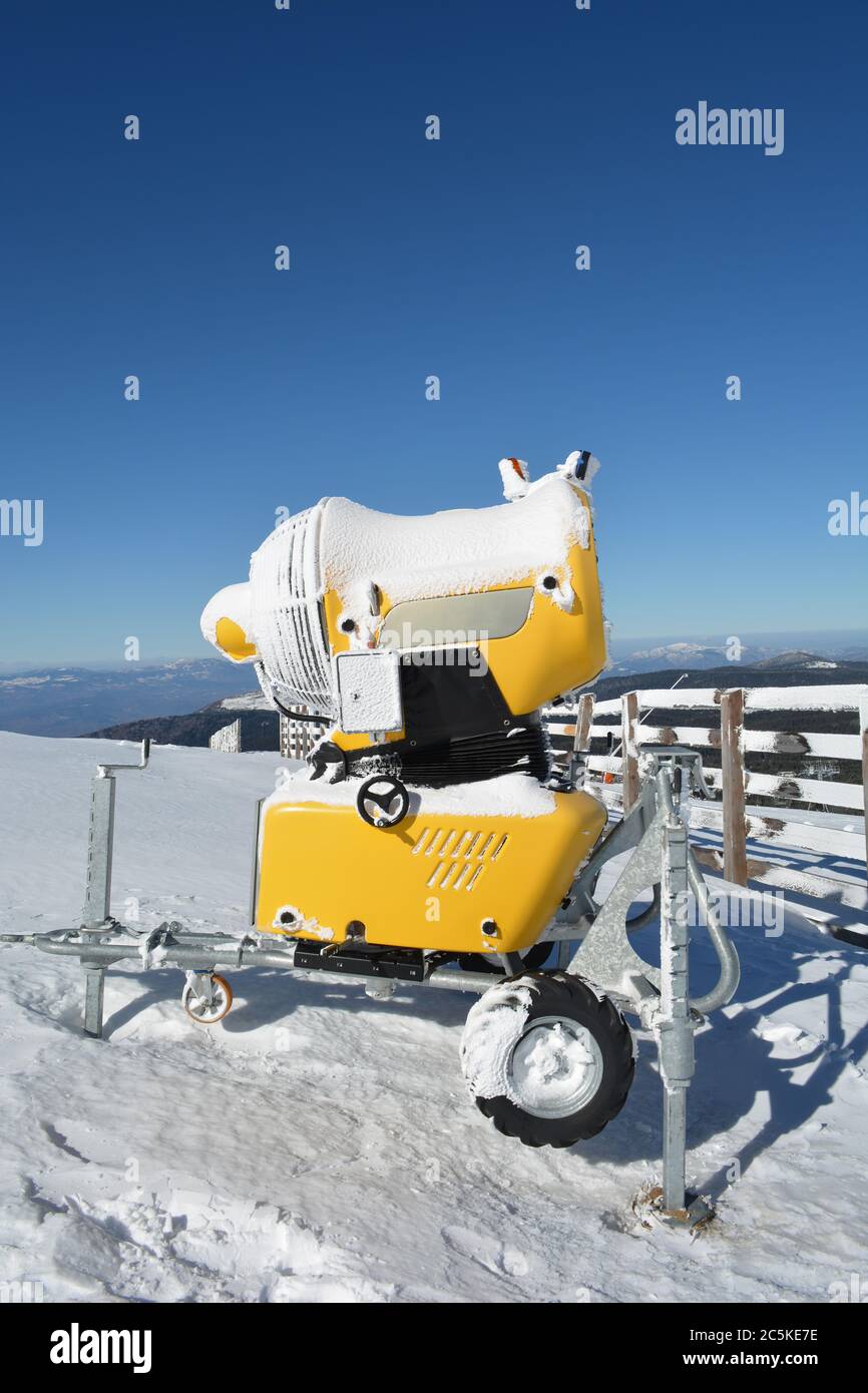 High power snow gun on the top of the mountain, ready for action, close ...