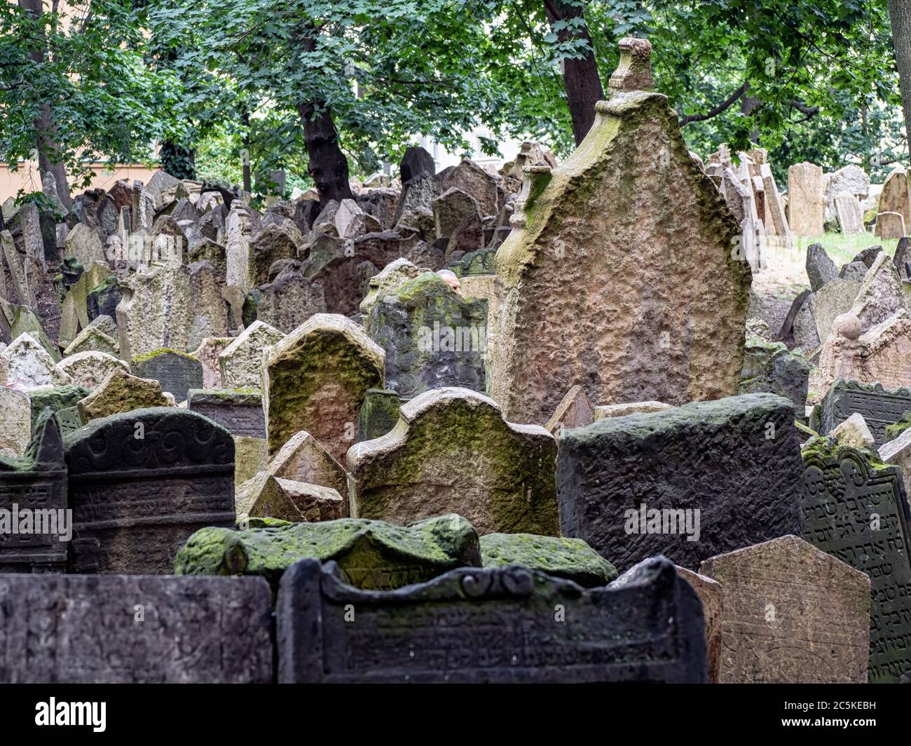 PRAGUE, CZECH REPUBLIC - JULY 19, 2019: Gravestones in the Old Jewish ...