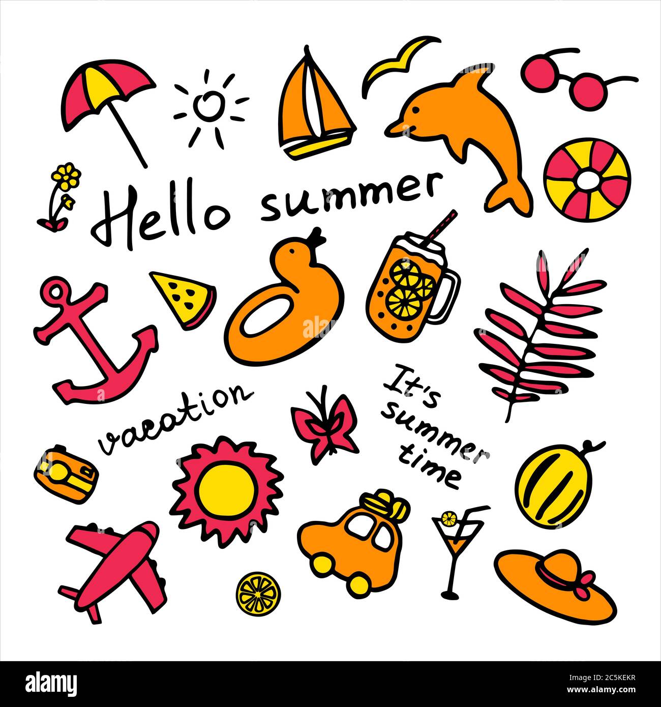 Summer icons set. Hand drawn collection. Summer elements and ...