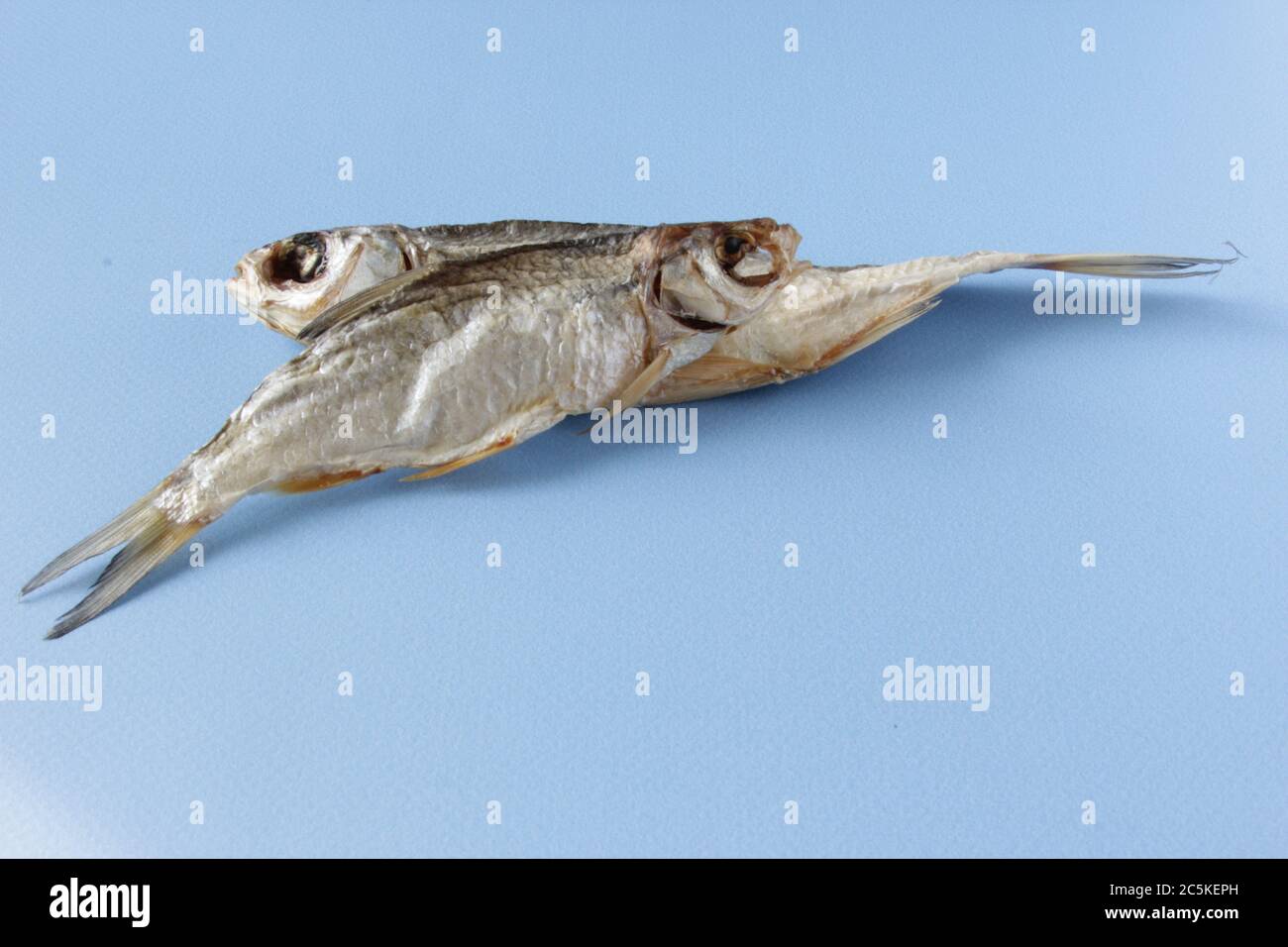 Two dried fish on blue background. Two salty dry river fish on a light ...