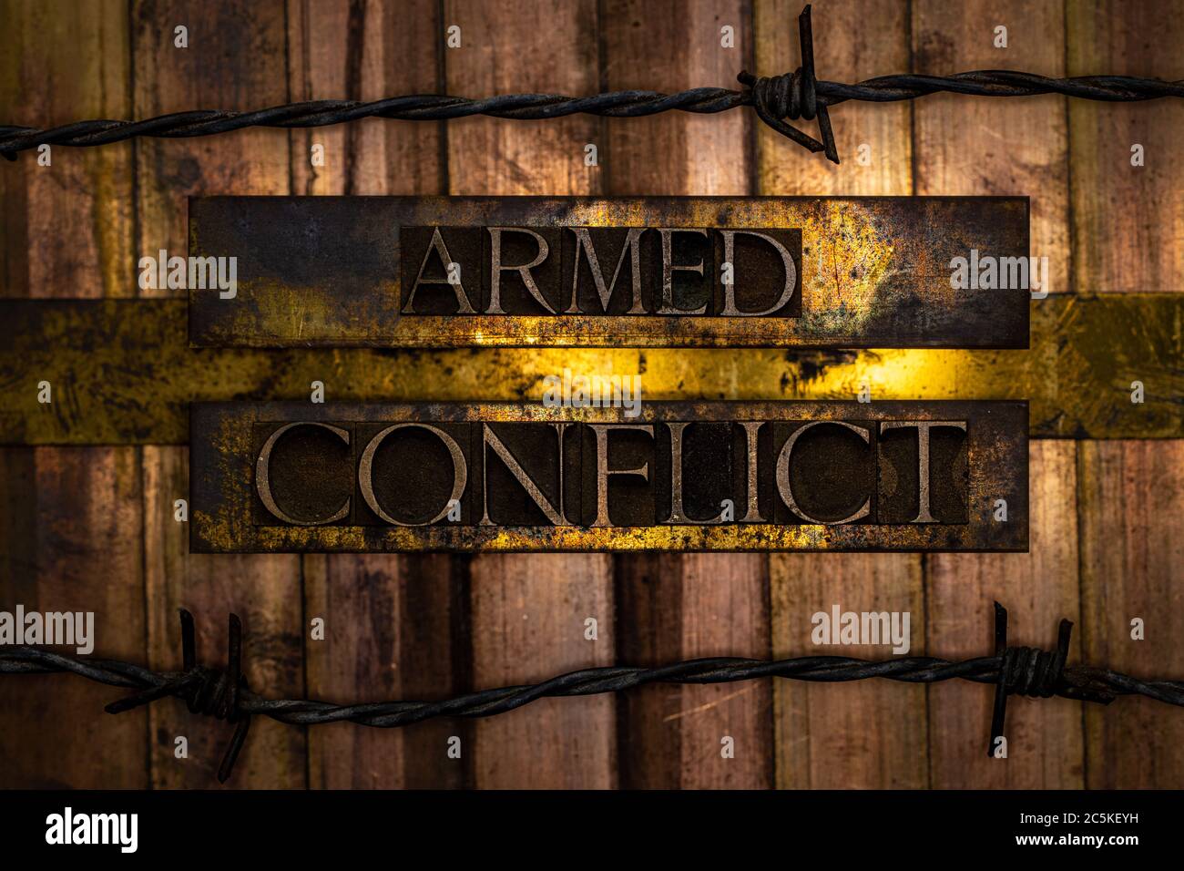 Armed Conflict text formed with real authentic typeset letters on ...