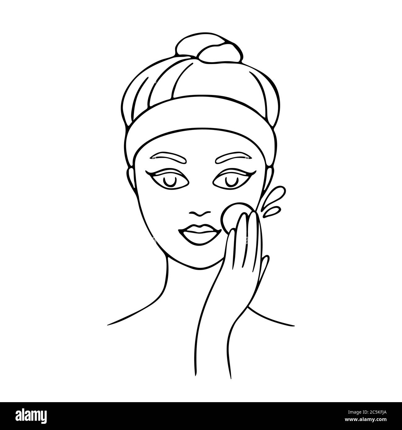 Girl cares about her face. Young woman cleans her skin. Hand drawn ...