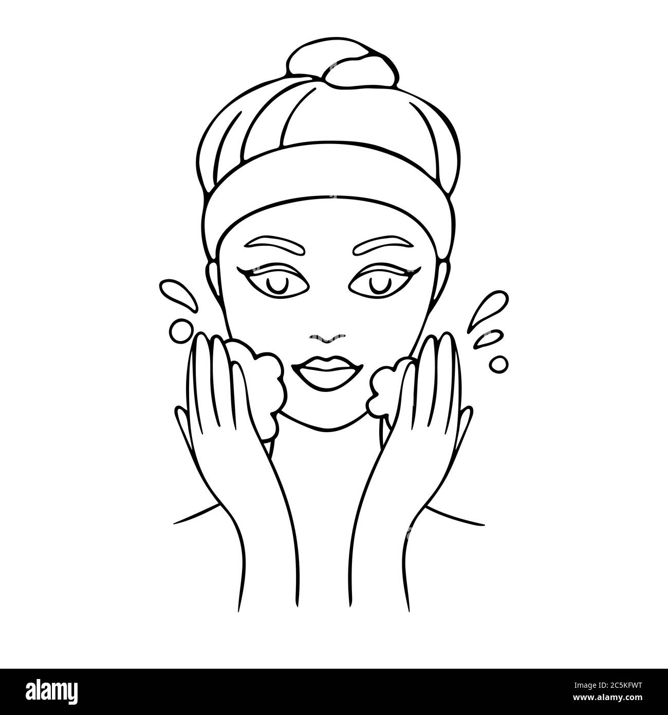 Girl cares about her face. Young woman cleans her skin. Hand drawn ...