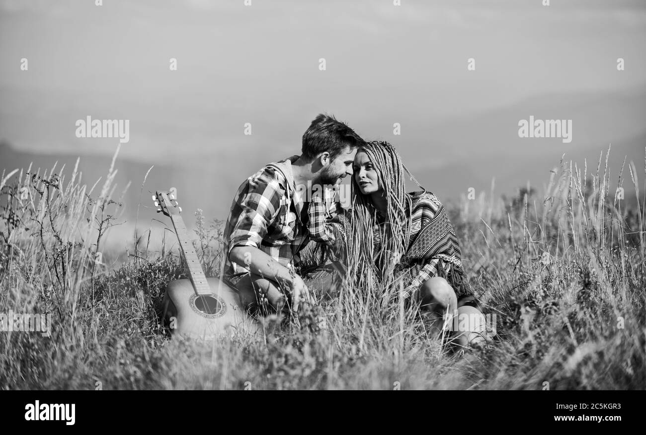 Hiking romance. Beautiful romantic couple happy smiling faces nature ...