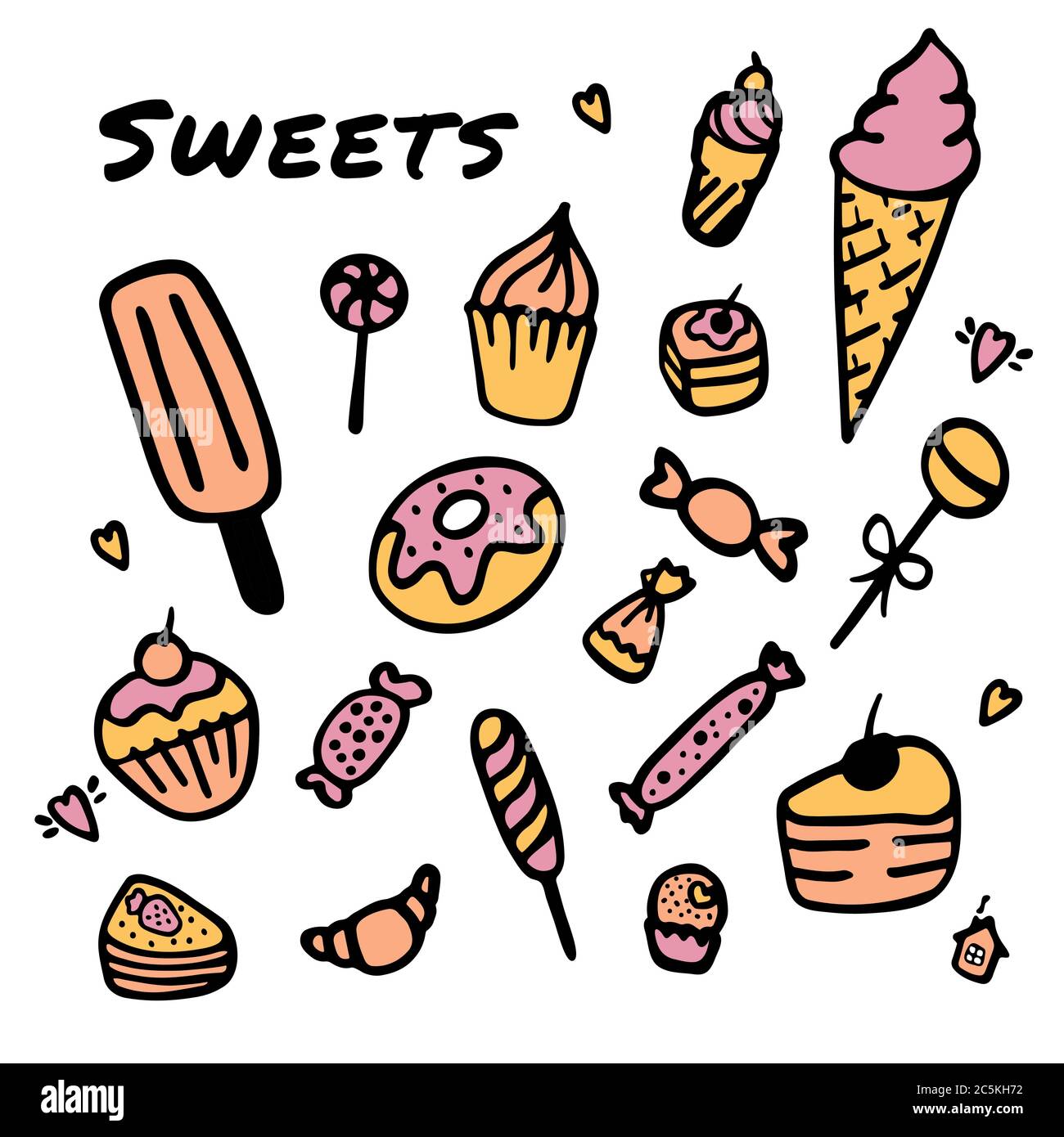 Hand drawn sweets doodle elements set with candies, cupcakes, cookies ...