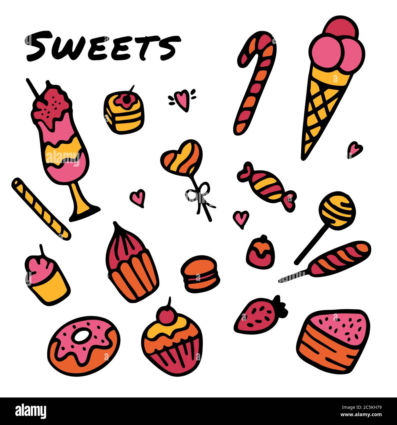 Hand drawn sweets doodle elements set with candies, cupcakes, cookies ...