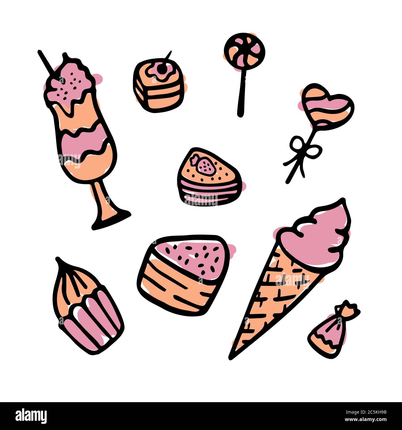 Hand drawn sweets doodle elements set with candies, cupcakes, cookies ...
