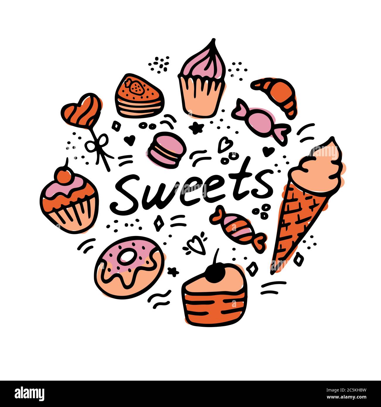 Hand drawn sweets doodle elements set with candies, cupcakes, cookies ...